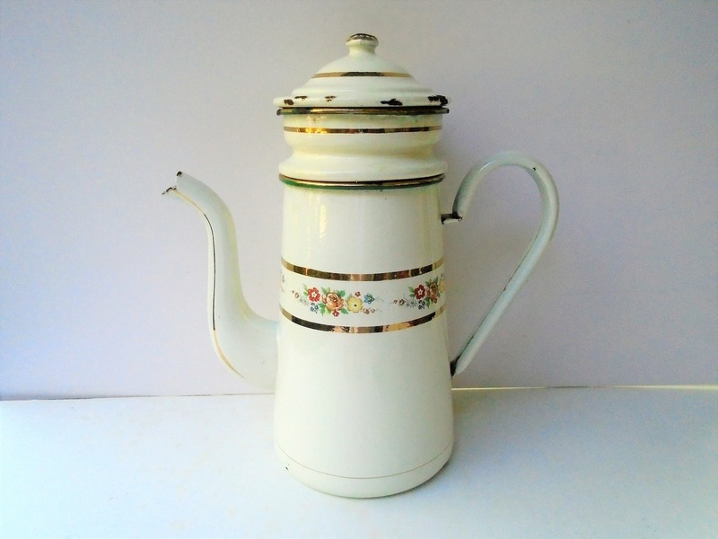 Beautiful Vintage French Enamel Coffee Pot / Percolator, White With ...