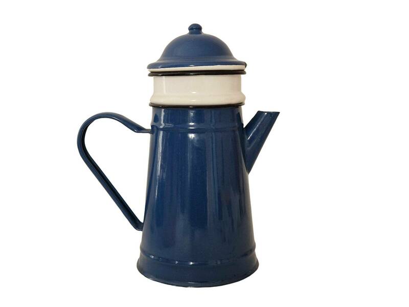 French Enamel Coffee Biggin Pot, Shabby Enamelware, White And Blue ...