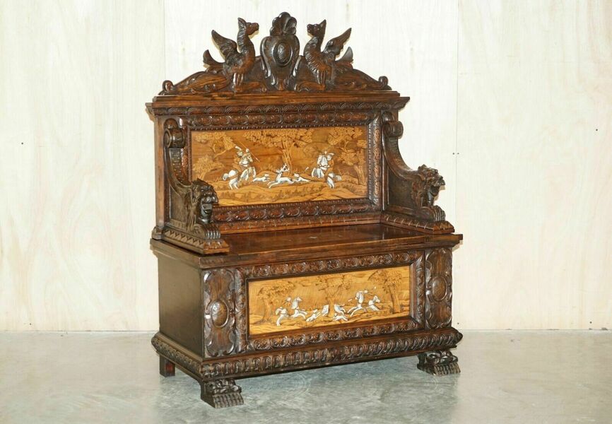 Antique Lion Griffon Carved Italian 1860 Monks Settle Bench Internal ...