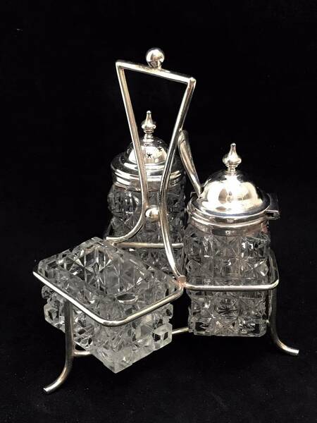 Condiment Cruet Holder Caddy Spice Set Victorian Silver Plated Glass ...