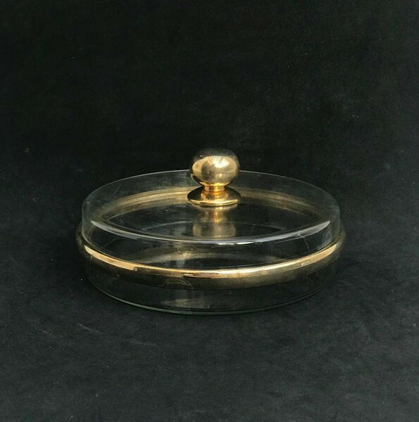 Glass Flat Jar With Lid Golden Mid Century Clear Container Bonbon Jar ...