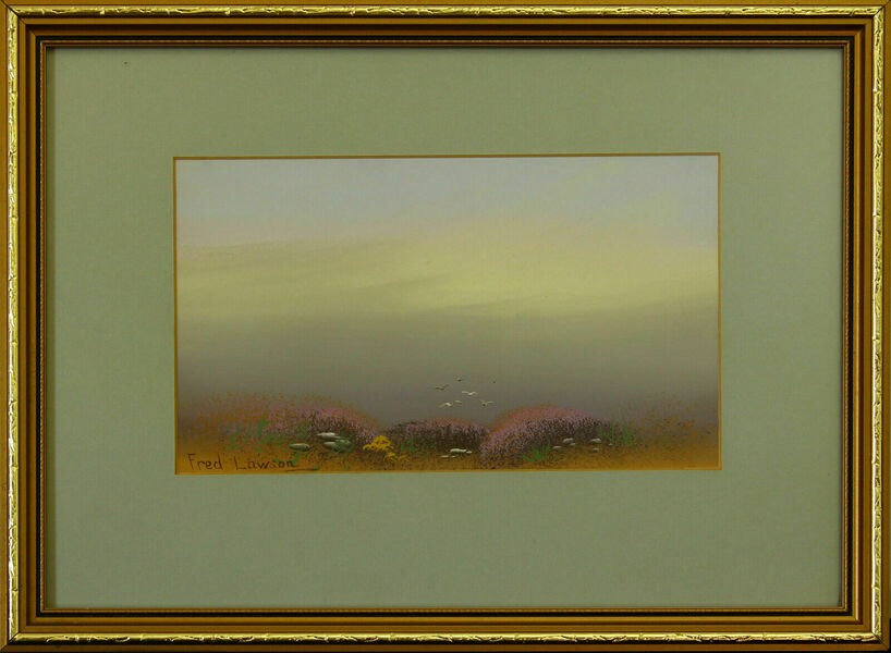 Gouache Signed Fred Lawson. Birds Flying Over Heather Shrubs | Vinterior