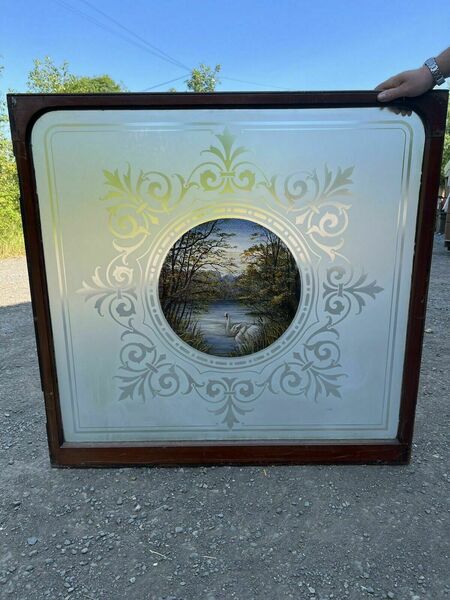 Etched And Painted Glass Window With Painted Swans | Vinterior