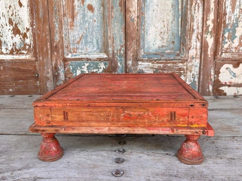 Antique Hindu Shrine Table With Faded Red Paint Tones | Vinterior