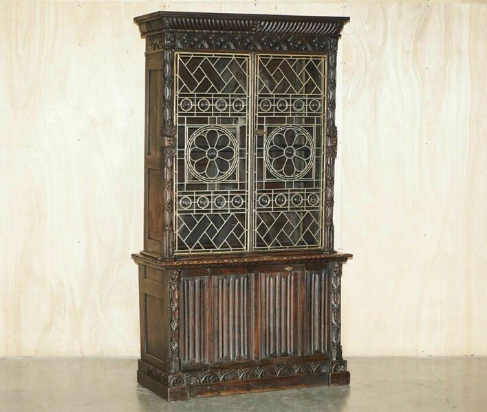 Antique Jacobean Linen Fold Carved Zinc Lined Astral Glazed Library ...