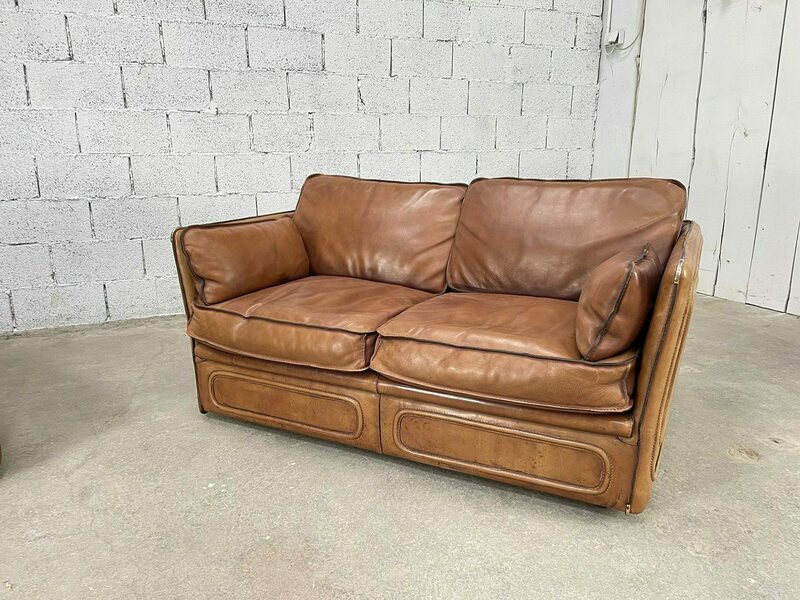 Sofa In Buffalo Leather And Saddle Stitching Roche Bobois 1980