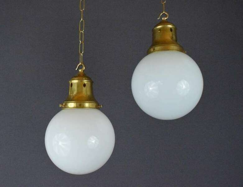 Kate’ Medium Sized Opaline Globe Light With Brass Gallery | Vinterior