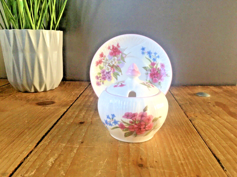 Shelley Bone China Pink Blue Stocks Dainty Lidded Mustard Jar Pot ...
