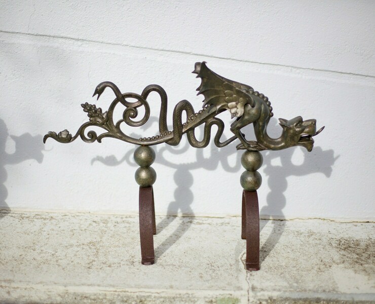 Pair Of Fireplace Andirons, Bronze And Cast Iron Andirons, Dragons ...