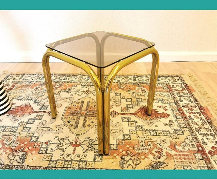 Mid Century Coffee Table / Vintage Brass Look End Table With Smoked ...
