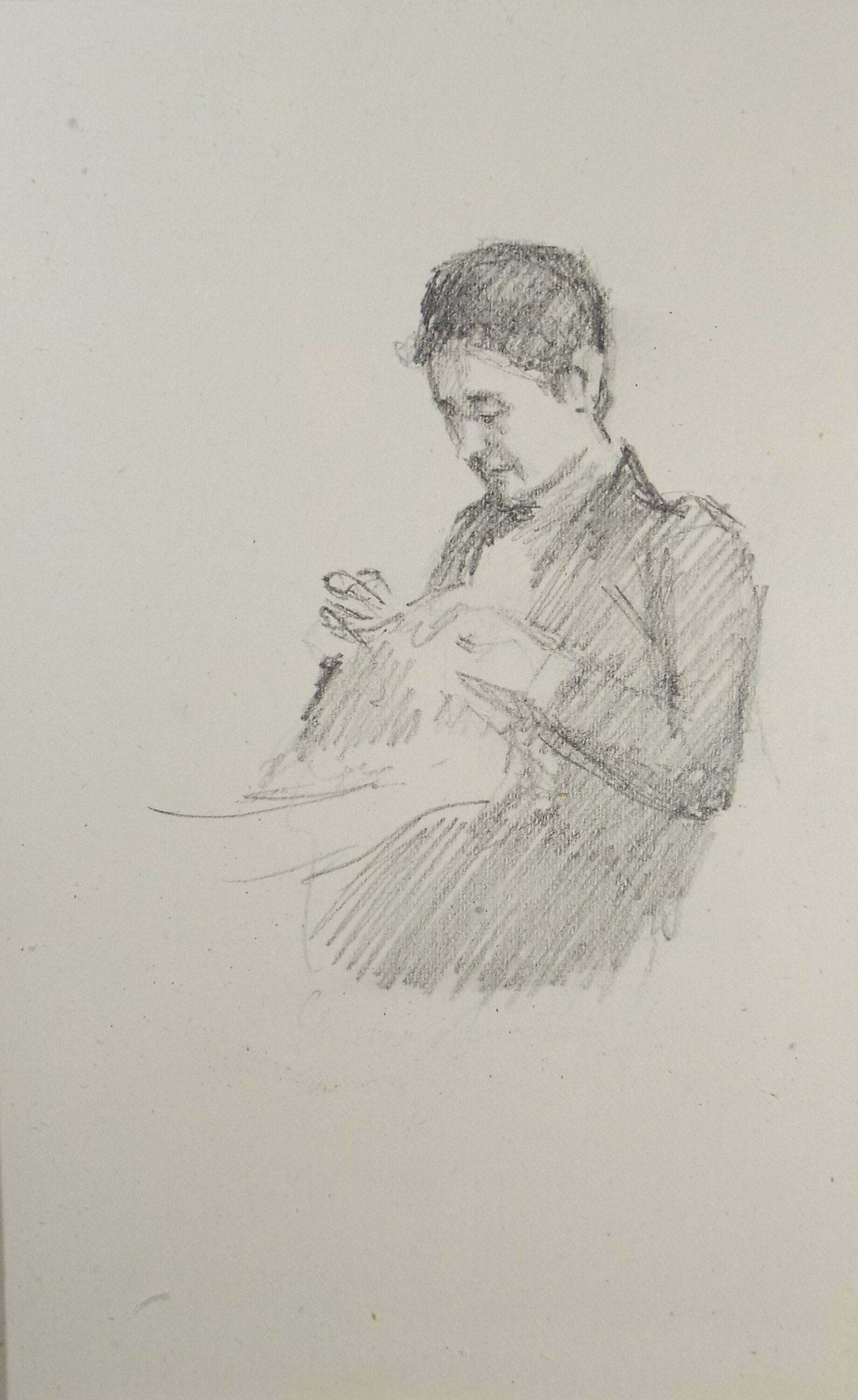 Original Pencil Sketch,'study Of A Woman Sewing', Leonard Leslie Brooke 