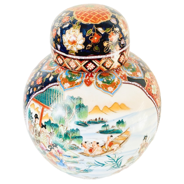 Vintage Xl Chinese Ginger Jar Geisha's Flowers Blue Gold | Vinterior