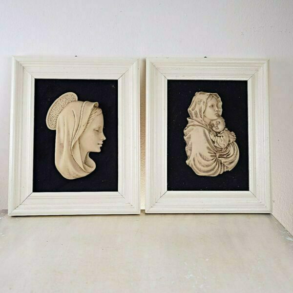 Pair Of Paintings With Madonna Bas Relief In Vintage Resin | Vinterior