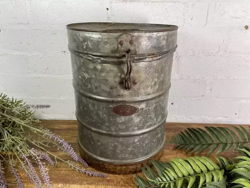 Vintage Indian Industrial Galvanised Metal Rice Grain Storage Drum Bin ...