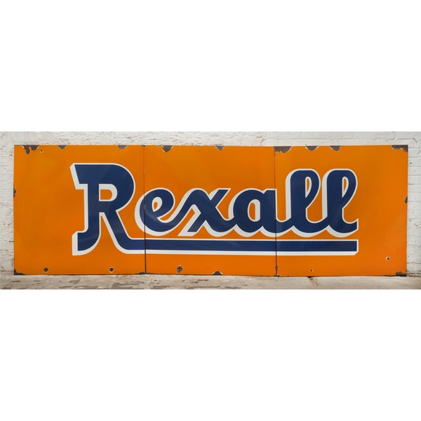 Vintage Giant, 3 Part Rexall Pharmacy Enamel Sign, Orange | Vinterior