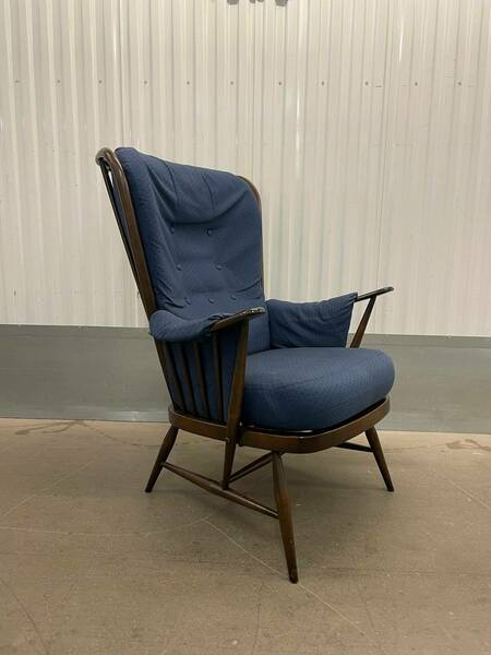 Ercol Evergreen High Back Armchair In Dark Wood Finish With Blue ...