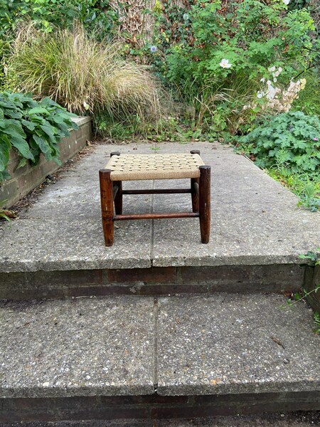 Child's Vintage String Woven Antique Wooden Stool Dark Wood Frame With ...