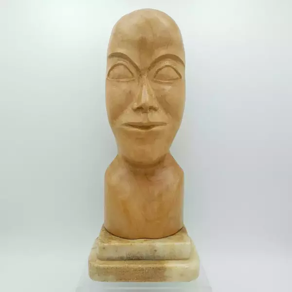 Carved Applewood Bust 'Style Of Easter Island Heads' On Marble 1998 B ...