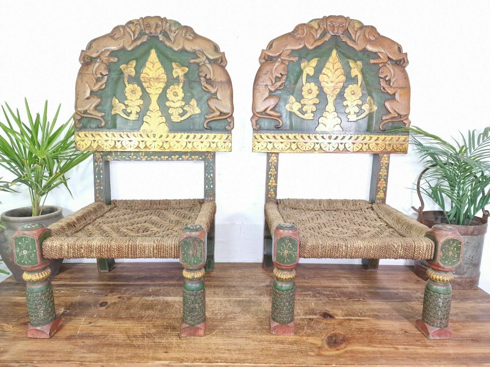 Rare Pair Vintage Antique Indian Low Woven Carved Wooden Pidha Seats ...