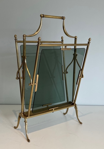 Brass And Blue Glass Magazine Rack From Maison Jansen | Vinterior