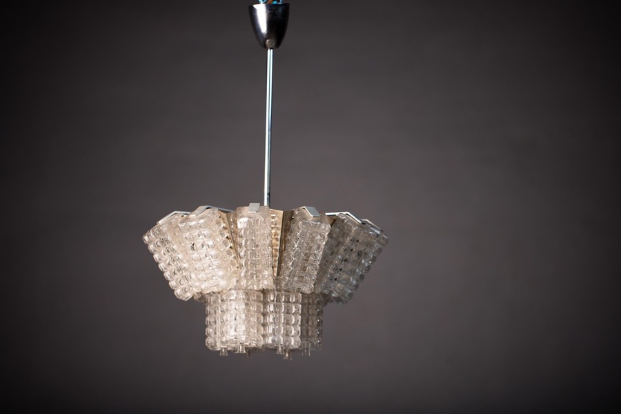 Vintage Glass Chandelier By Austrolux / Austria 1960s / Mid Century Pendant Light With Chrome ...