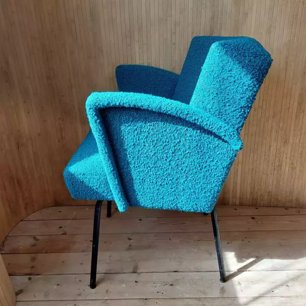 Fab Vintage Mid Century Modern French Metal Side Tub Chair Teal Black Boucle