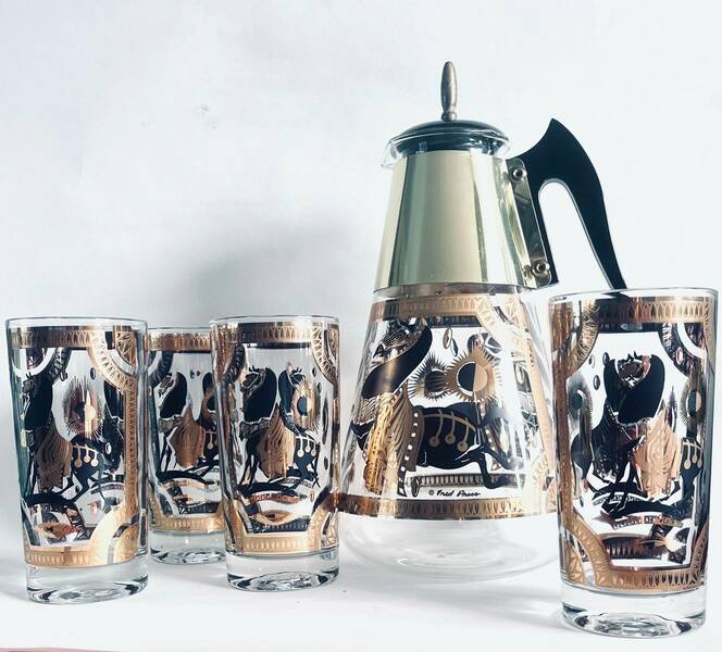 Midcentury Fred Press T'ang Horse Black And Gold Carafe & 4 Glasses ...