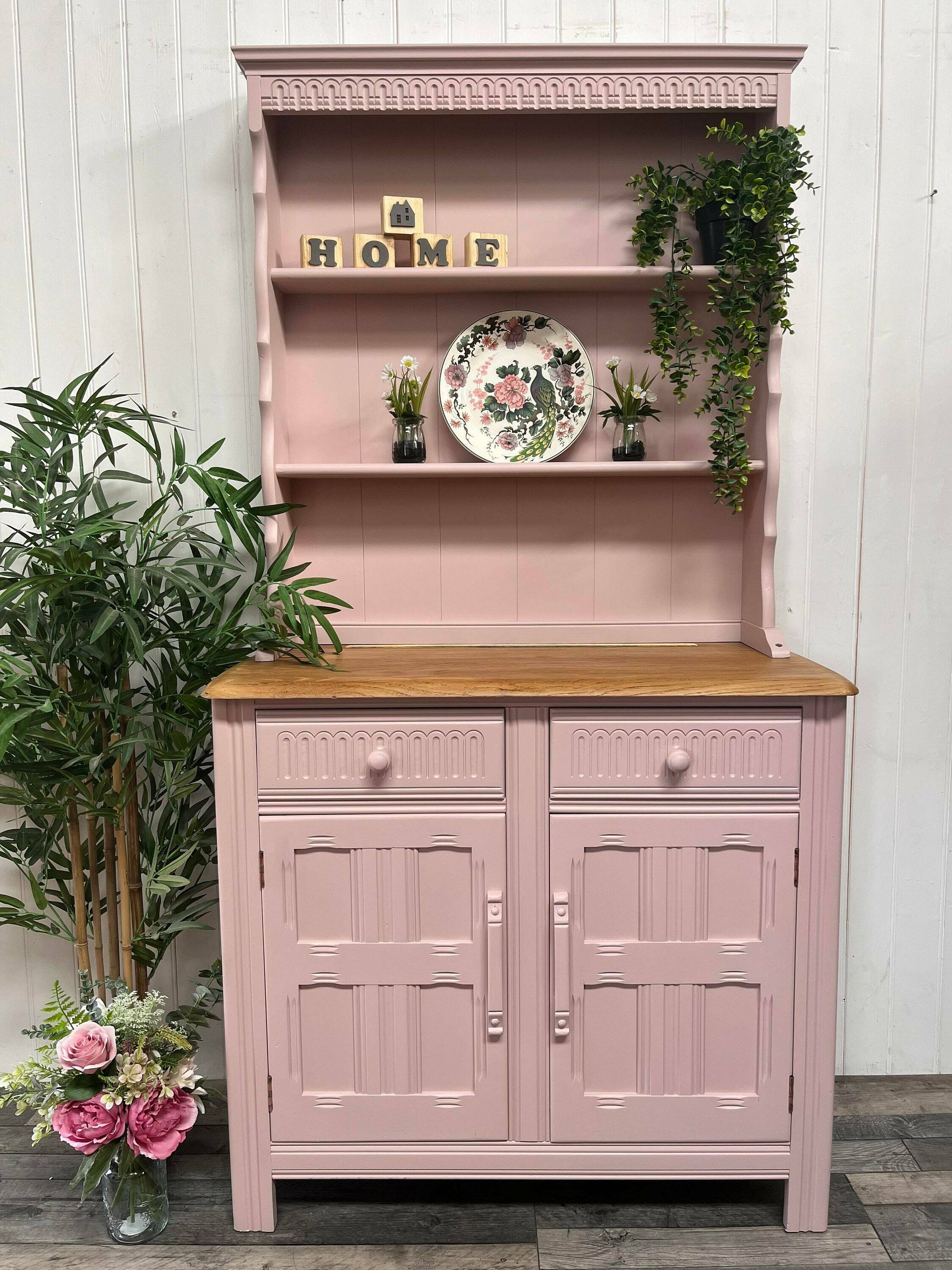 Custom Painted Upcycled Small Vintage Pine Kitchen Welsh Dressers With Plate Racks Storage Fusion Mineral Paint Pink Vinterior