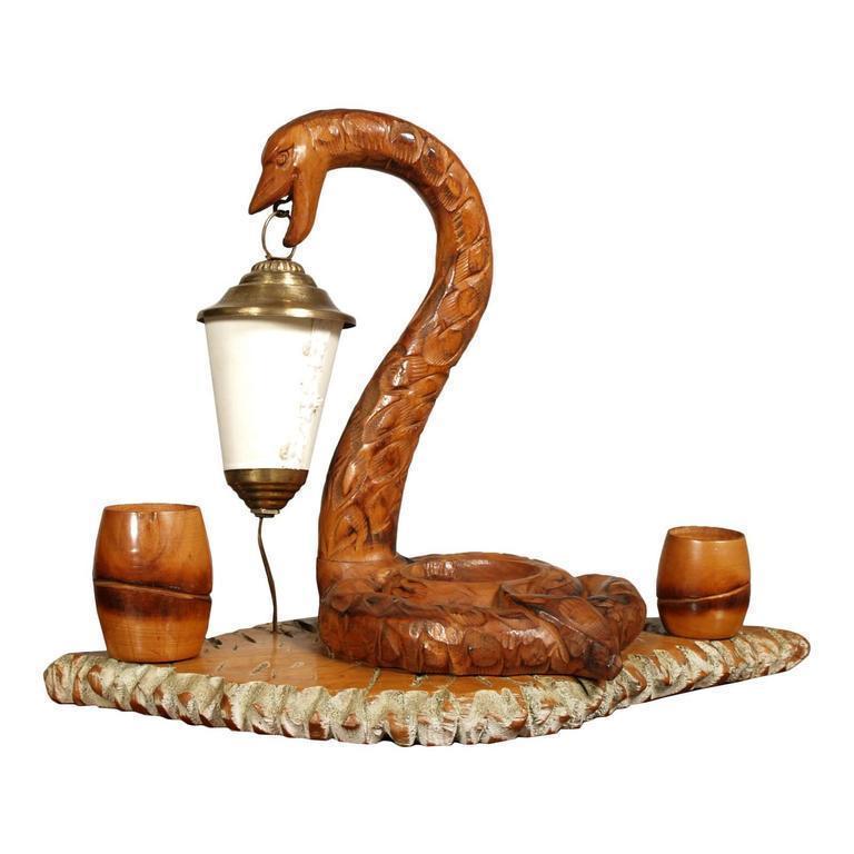 Art Deco Snake Lamp, Ashtray Service Cigarettes, Hand Carved Blond ...