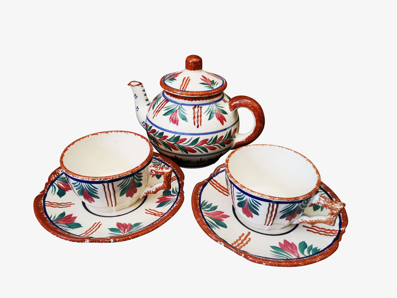 Quimper Vintage Tea Set, 3 Piece, Teapot, 2 Cups And Saucers | Vinterior