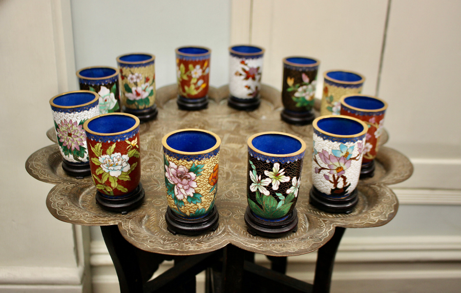 A Quality Set Of 12 Chinese Cloisonné Beakers Tumblers On Stands ...
