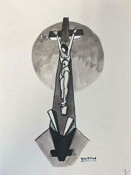 Guy Nicod20th Century French Modernist Black & White Painting Jesus's ...