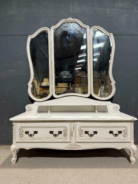 Vintage Painted French Low Dressing Table 2 Drawers & 3 Way Mirror | Vinterior