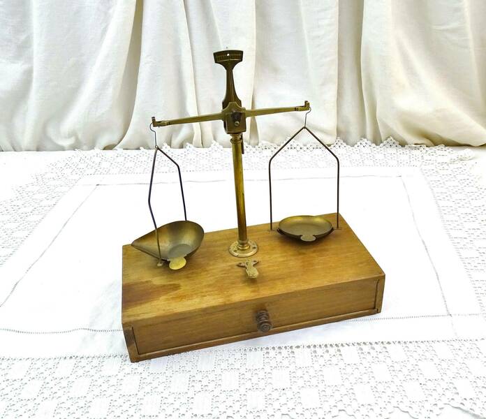 Antique French Brass Equal Arm Beam Balances With Wooden Draw, Vintage ...