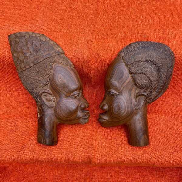 Vintage African Hand Carved Wood Faces, Pair Of African Sculptures, Ethnic Art, Wooden Wall Art ...