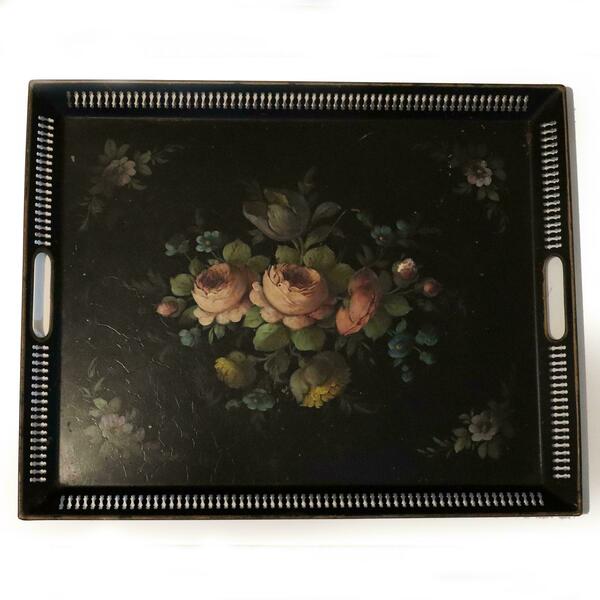 Antique French Black Tole Tray, Hand Painted Gallery Serving Tray ...