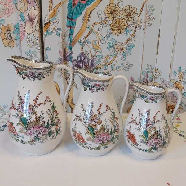 Trio Of Antique Graduated Jugs With Floral Design | Vinterior