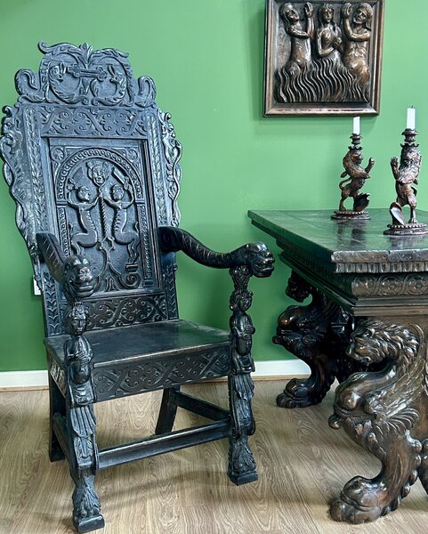 Pair Of 17th Century Style Oak Wainscot Throne Chairs With Zoomorphic ...