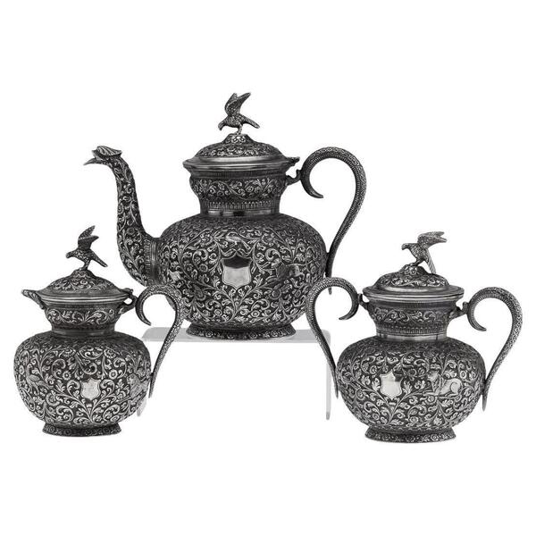 19th Century Indian Cutch Solid Silver Three Piece Tea Set, V Kishore C.1890 | Vinterior