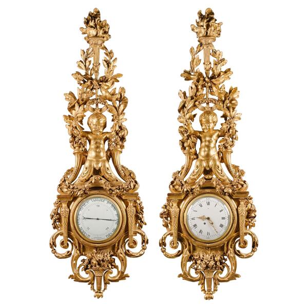 Large And Louis XVI Style Carved Giltwood Clock And Barometer Set ...