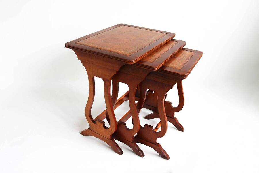 Midcentury Wooden Nesting Tables With Brown Leather Tops Harp Shaped ...