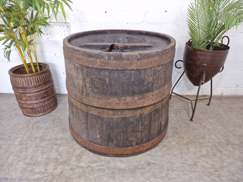 Large Old 19th Century French Oak Storage Barrel Side Garden Table Plant Stand | Vinterior