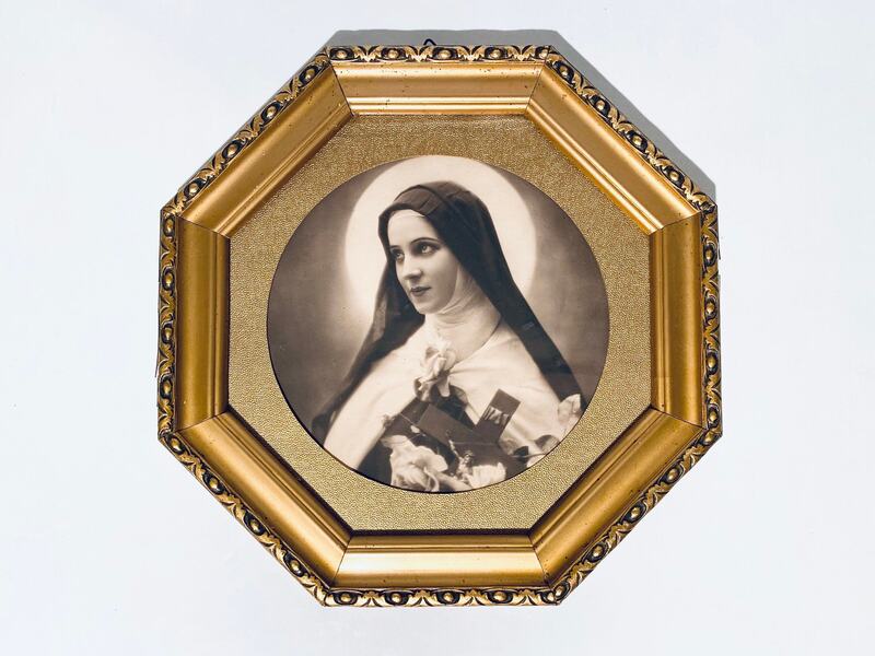 Old Hexagonal Gold Frame With Religious Nun Motif Picture / Vintage ...