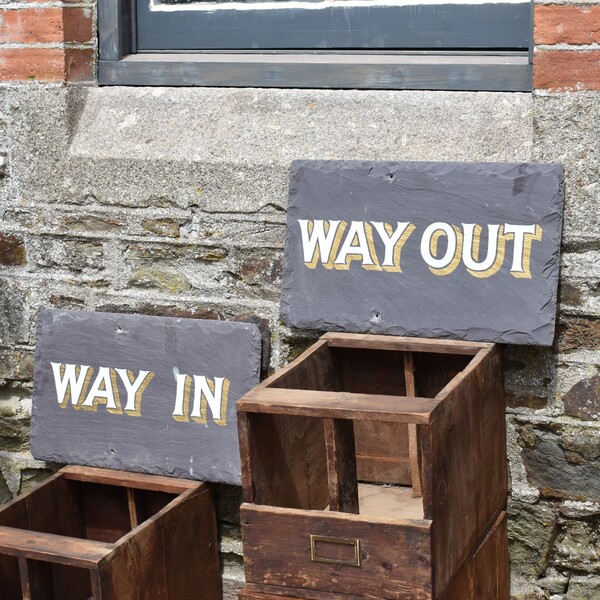 Vintage Hand Painted Signwriting Way In Way Out Salvaged Slate Tile ...