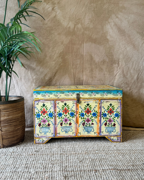 Hand Painted Teak Storage Chest – Cream Floral Motif, Vintage Reclaimed ...