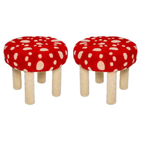 Set Of Two Mid Century Hand Tufting Mushroom Wool Stools, Europe, 1960s ...
