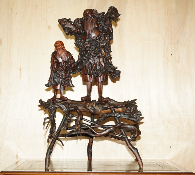 Antique Circa 1880 Chinese Burr / Burl Root Wood Carvings Of Wisemen On ...