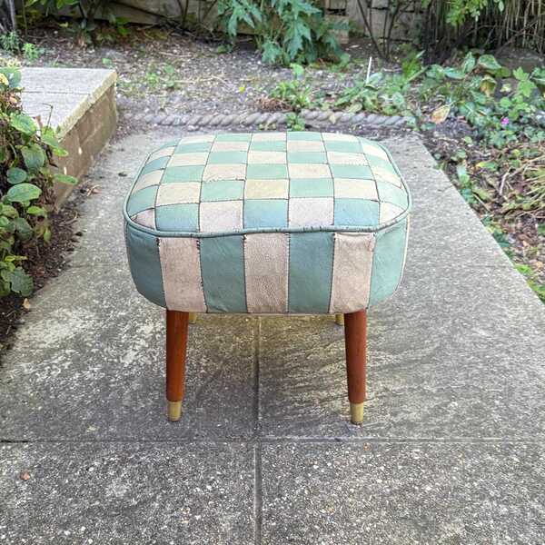 Mid Century Chequered Vinyl Footstool, Duck Egg Blue White, 1960s ...