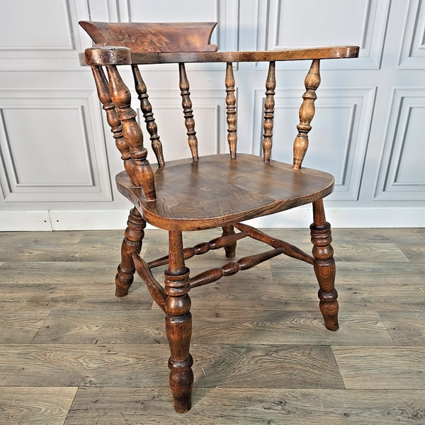 Antique Captains Chair Solid Wood Spindle Bow Back Carver Smokers Arm ...