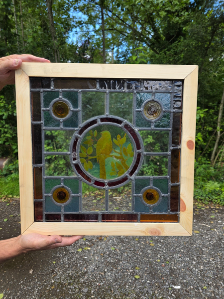1910 Antique Leaded Glass Window With Bird On A Branch And Amber ...